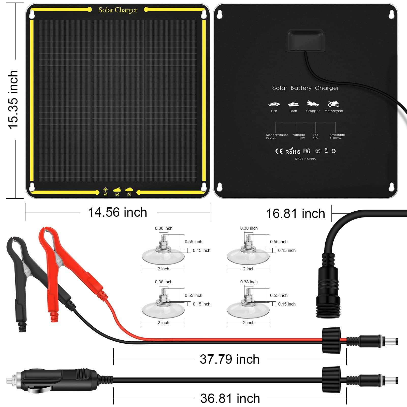 Solar Trickle Charger,20W 12V Solar Panel Car Battery Charger, Solar Battery Maintainer Built in MPPT,IP65 Waterproof Solar Car Battery Charger for Car,Boat,RV,Trailer,Motorcycle & Lawn Mower