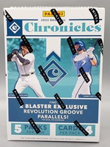 2022 panini chronicles baseball factory sealed blaster box 5 packs of 4 cards. 20 cards in all 2 revolution groove and 5 building blocks per box on average... chase rookie cards of an generational talent rookie wander franco and julio rodriguez, and more