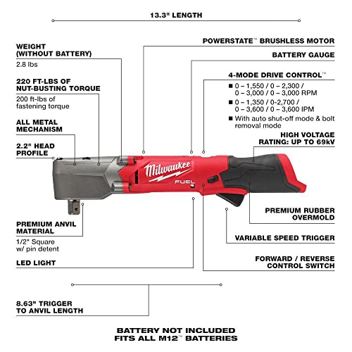 Milwaukee 2565P-20 M12 FUEL 1/2" Right Angle Impact Wrench with Pin Detent - No Battery, No Charger, Bare Tool Only