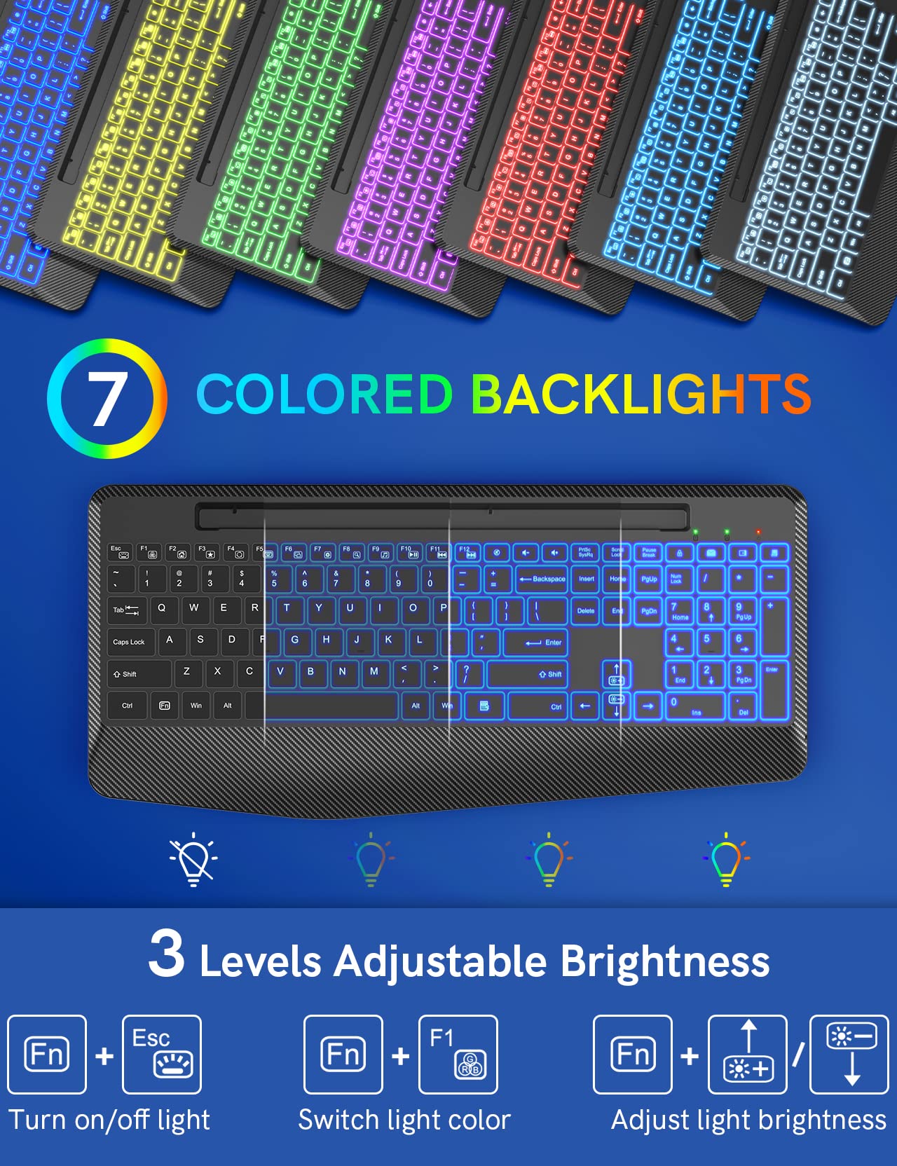 Wireless Keyboard with 7 Colored Backlits, Wrist Rest, Phone Holder, Rechargeable Ergonomic Computer Keyboard with Silent Keys, Full Size Lighted Keyboard for Windows, Mac, PC, Laptop (Black)