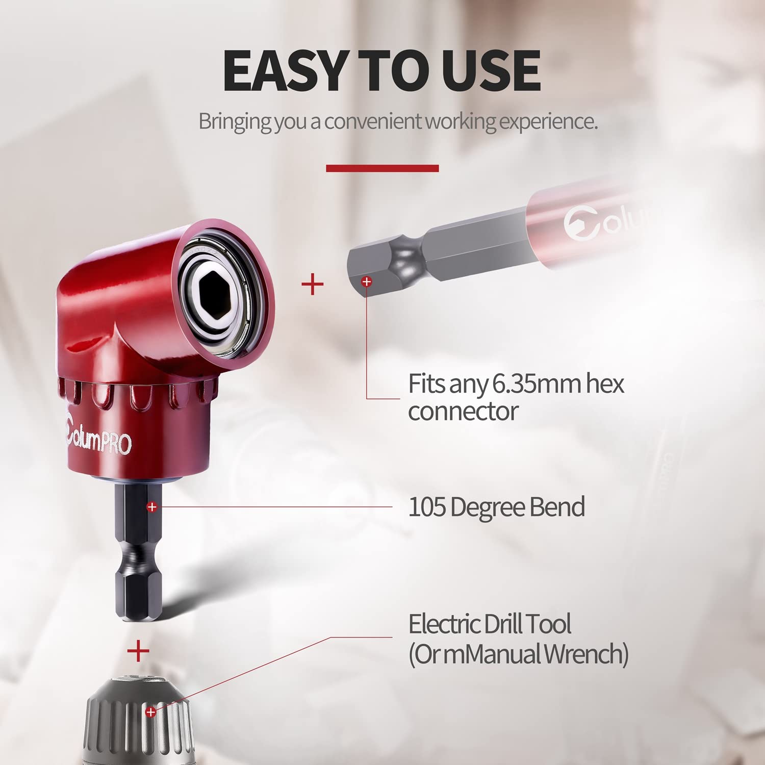 ColumPRO 1/4 Inch 105 Degree Right Angle Driver Adapter Hex Shank Power Screwdriver,Quick Change Drive and Magnetic Bit Socket Right Angle Drill Attachment Adapter