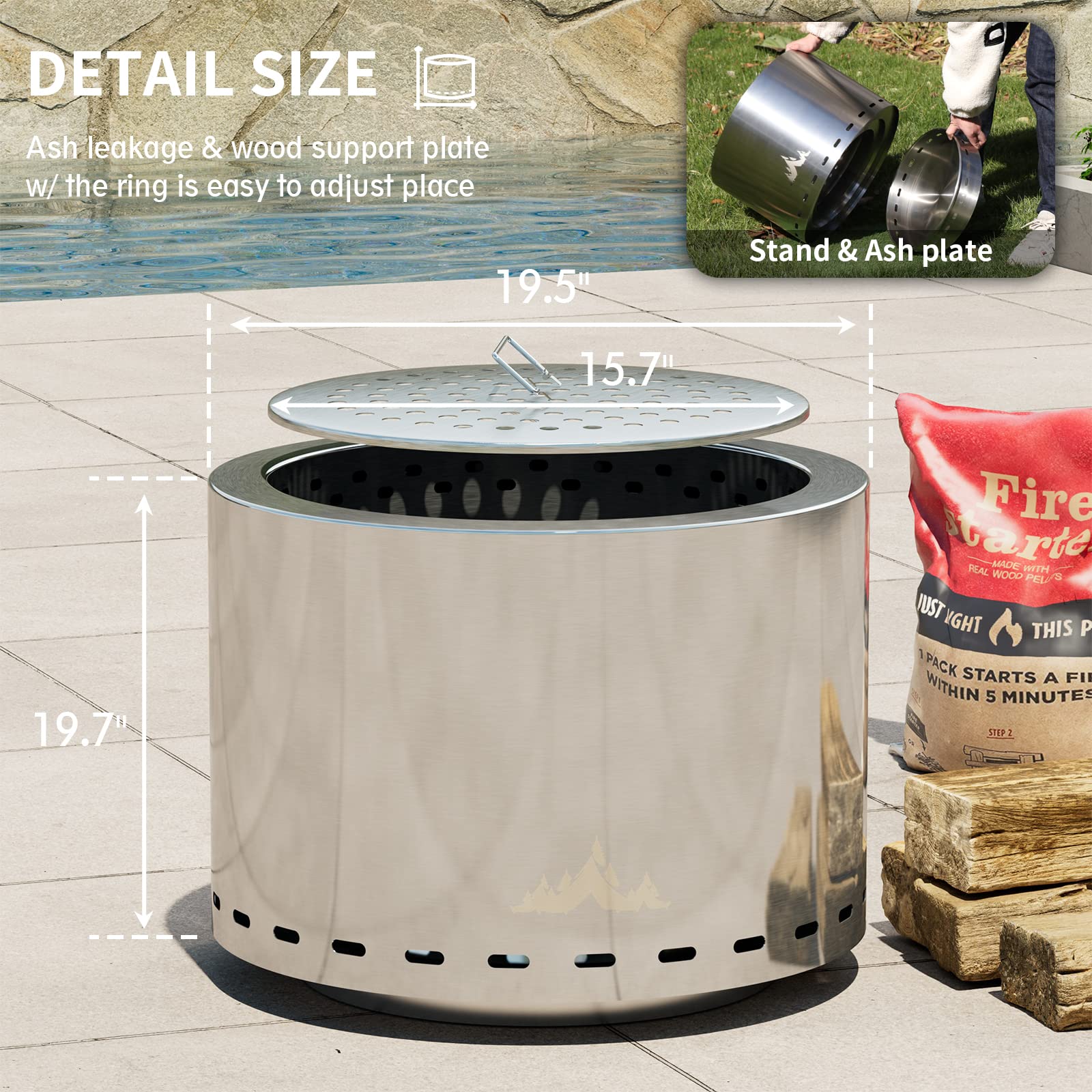 VONZOY 19.5 Inch Fire Pit, Smokeless Fire Pits for Outside, 304 Stainless Steel Outdoor Large Wood Burning Firepit w/Stand, Ash Pan and Portable Handbag Bonfire Pit for Patio, Camping Stove