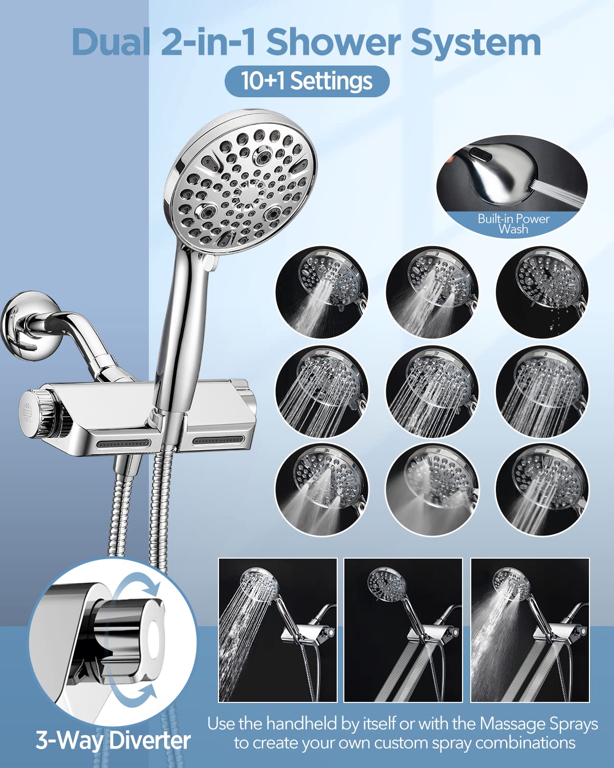 MakeFit Filtered Shower Head with Handheld Combo - Dual 2-in-1 Spa System with Massage Shower Head and 10 Modes Hand Held High Pressure Buit in Power Wash Mode (Chrome)