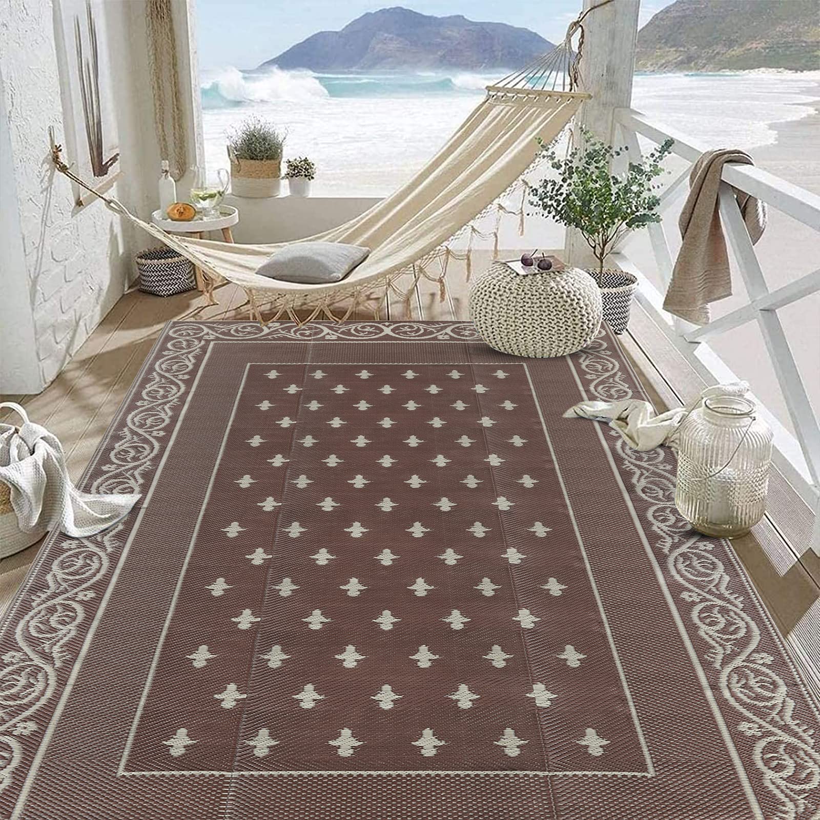 Bsamthom Reversible Mats 6'X9', Waterproof Plastic Straw Rug, Outdoor Patio Rugs for RV, Patio, Backyard, Deck, Picnic, Beach, Trailer, Camping (6'X9',Brown)