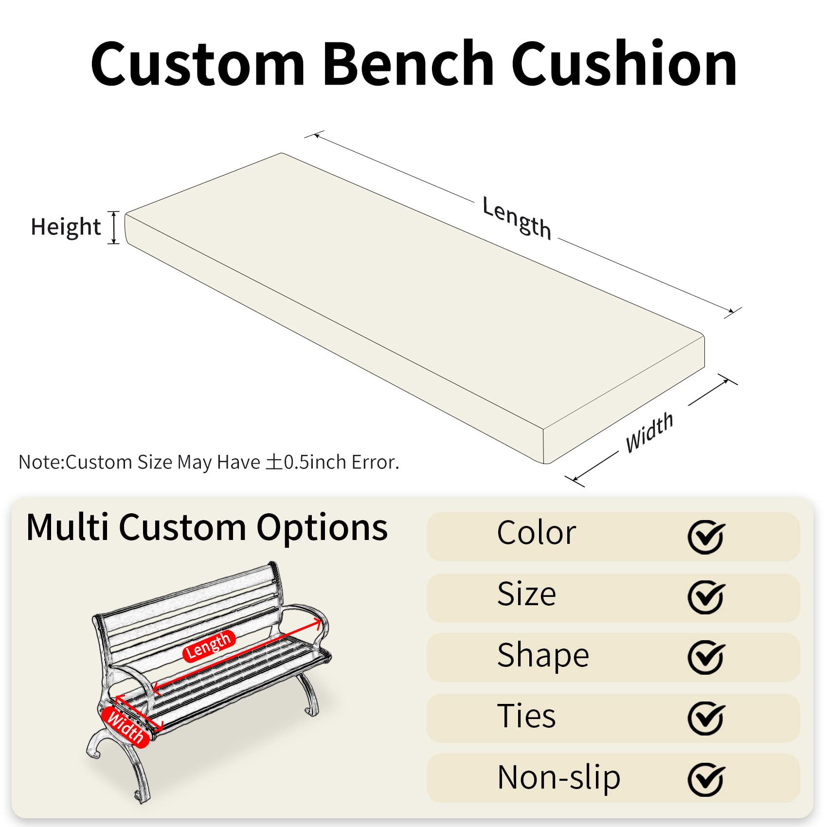 Millsilo Outdoor Bench Cushion, Custom Bench Cushions for Patio Furniture, Thicken Indoor Window Seat Cushion, Non-Slip Piano Swing Bench Pads, Loveseat Long Chair Cushions Removable Cover with Piping