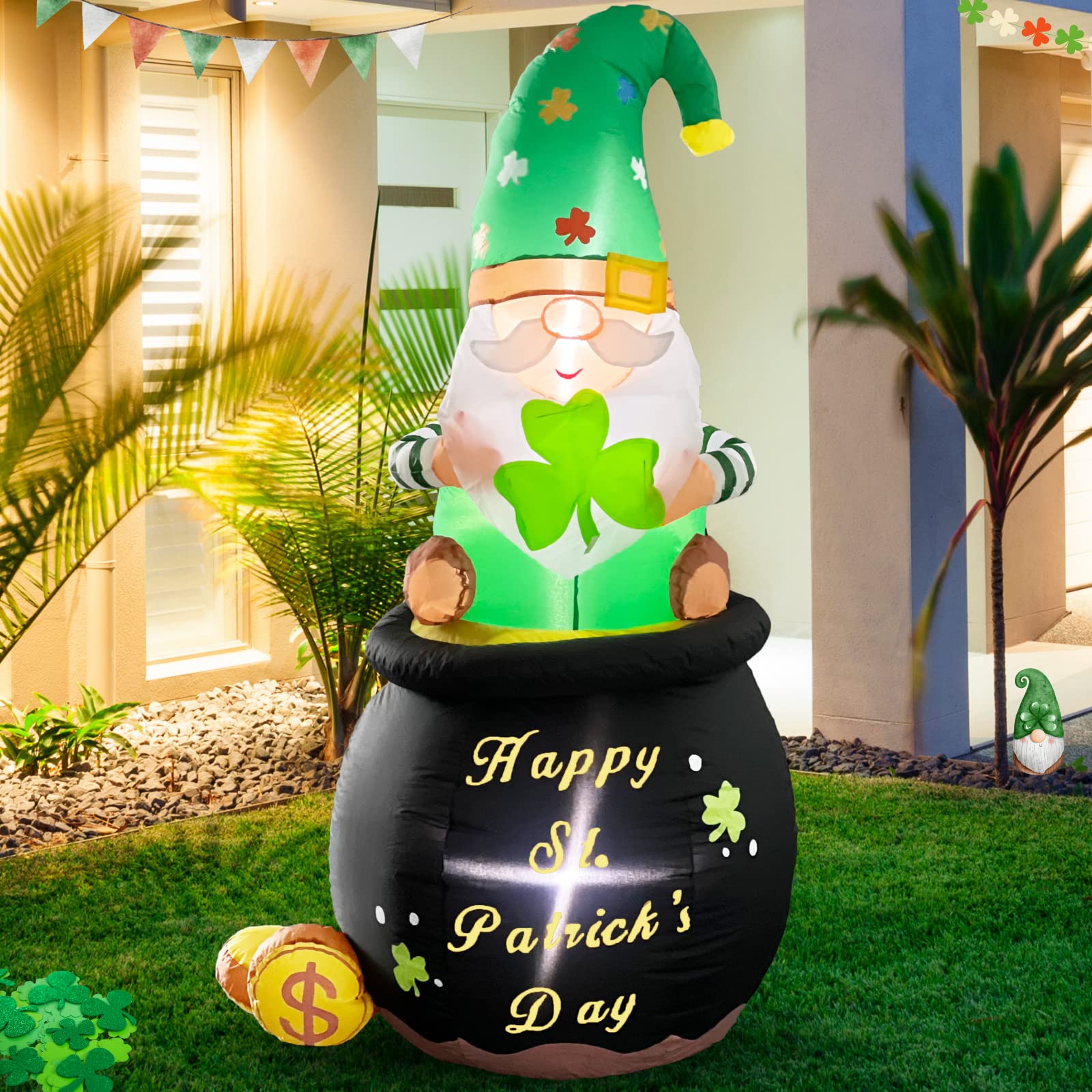 Buheco St Patricks Day Inflatables Outdoor Decorations 5ft Large Cute Blow Up Leprechaun Inflatable Gnome Sitting on Gold Pot Shamrocks Led Lights Saint Irish Outside Yard Lawn Indoor Vacation Décor