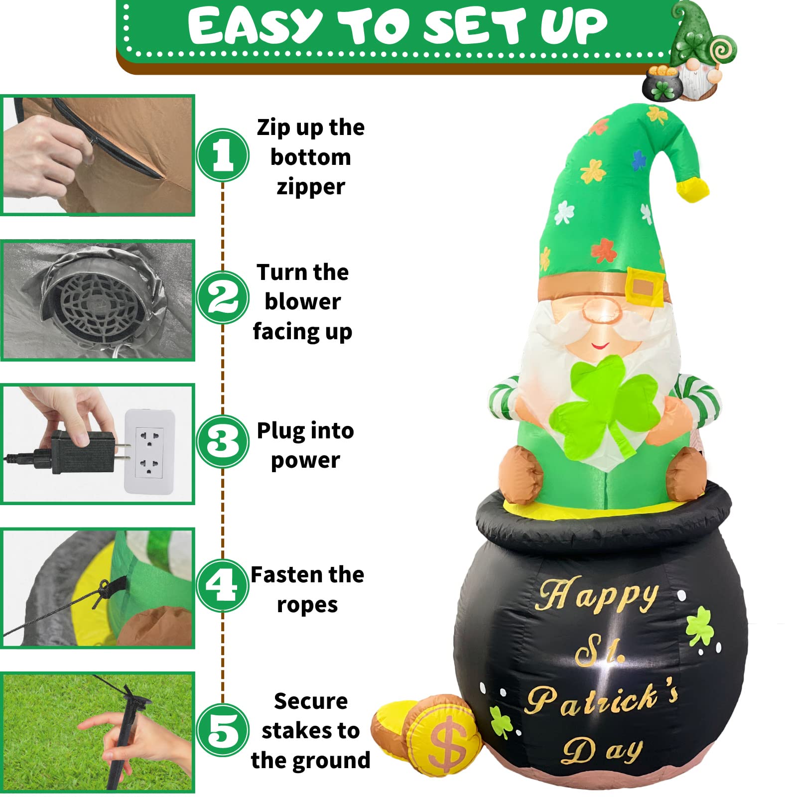 Buheco St Patricks Day Inflatables Outdoor Decorations 5ft Large Cute Blow Up Leprechaun Inflatable Gnome Sitting on Gold Pot Shamrocks Led Lights Saint Irish Outside Yard Lawn Indoor Vacation Décor