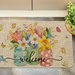 Artoid Mode Butterfly Daisy Flower Vase Welcome Decorative Doormat, Seasonal Low-Profile Rug Switch Mat for Indoor Outdoor 17x29 Inch