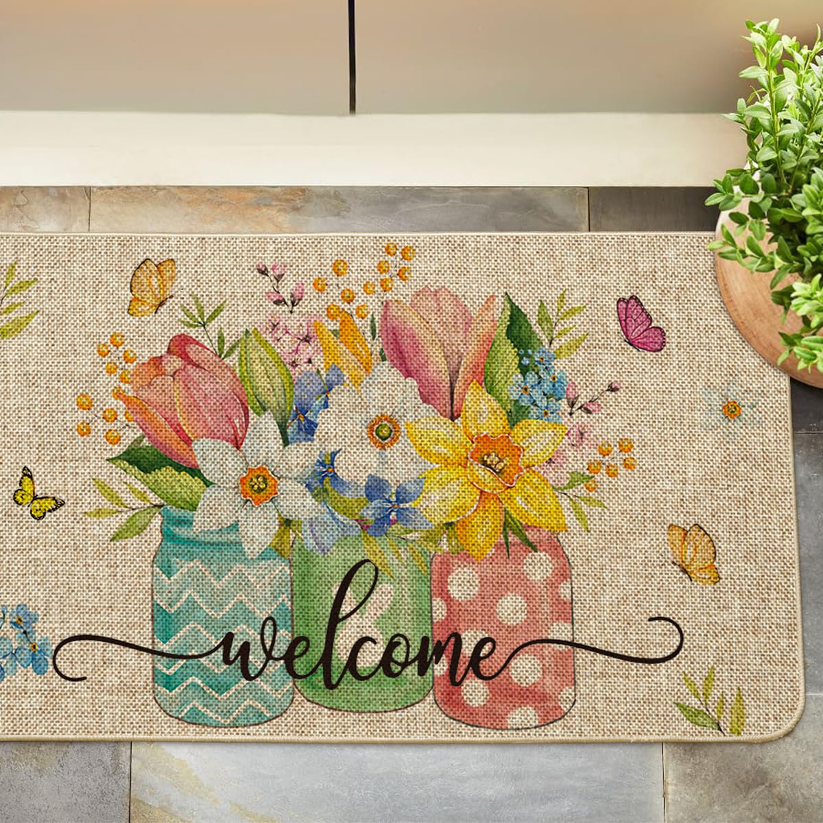 Artoid Mode Butterfly Daisy Flower Vase Welcome Decorative Doormat, Seasonal Low-Profile Rug Switch Mat for Indoor Outdoor 17x29 Inch