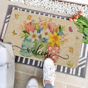 Artoid Mode Butterfly Daisy Flower Vase Welcome Decorative Doormat, Seasonal Low-Profile Rug Switch Mat for Indoor Outdoor 17x29 Inch