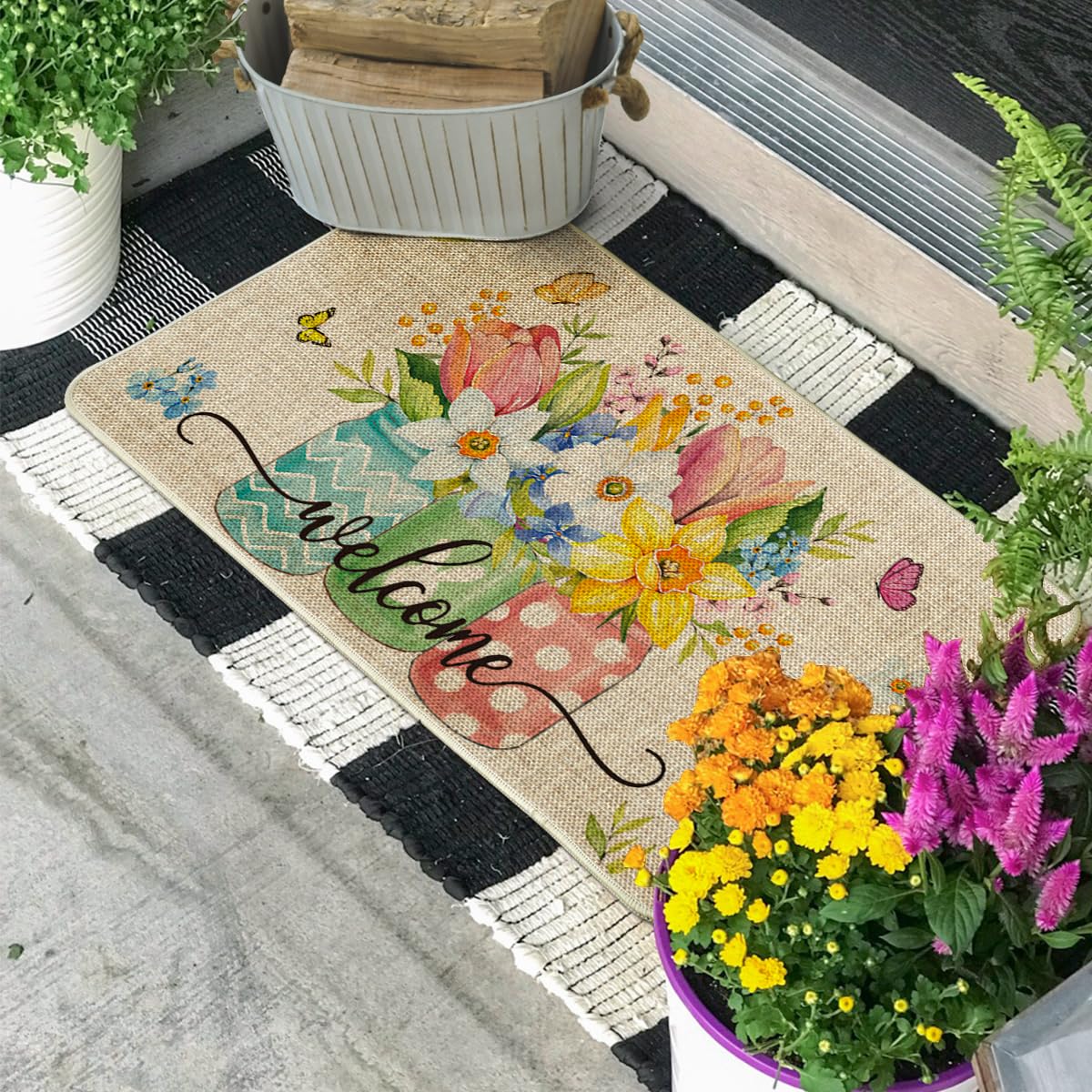 Artoid Mode Butterfly Daisy Flower Vase Welcome Decorative Doormat, Seasonal Low-Profile Rug Switch Mat for Indoor Outdoor 17x29 Inch