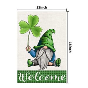 St Patricks Day Gnome Garden Flag Burlap 12x18 Inch Double Sided, Green Lucky Shamrock Welcome Small Sign Farmhouse Yard Outdoor Decoration DF190