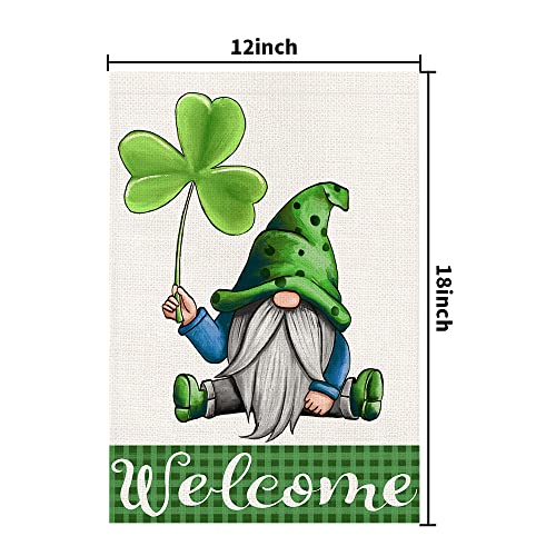 St Patricks Day Gnome Garden Flag Burlap 12x18 Inch Double Sided, Green Lucky Shamrock Welcome Small Sign Farmhouse Yard Outdoor Decoration DF190