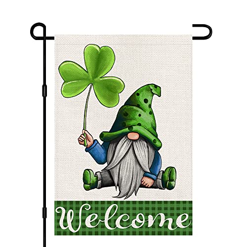 St Patricks Day Gnome Garden Flag Burlap 12x18 Inch Double Sided, Green Lucky Shamrock Welcome Small Sign Farmhouse Yard Outdoor Decoration DF190