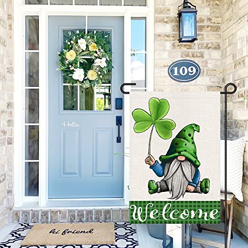 St Patricks Day Gnome Garden Flag Burlap 12x18 Inch Double Sided, Green Lucky Shamrock Welcome Small Sign Farmhouse Yard Outdoor Decoration DF190