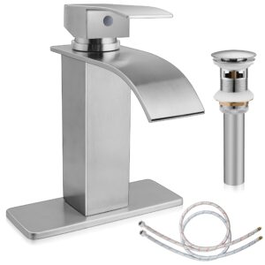 homikit waterfall bathroom sink faucet with pop up drain, brushed nickel bathroom faucets for sink 1 or 3 hole, 18/10 stainless steel bath vanity faucet single handle, farmhouse faucets with deck