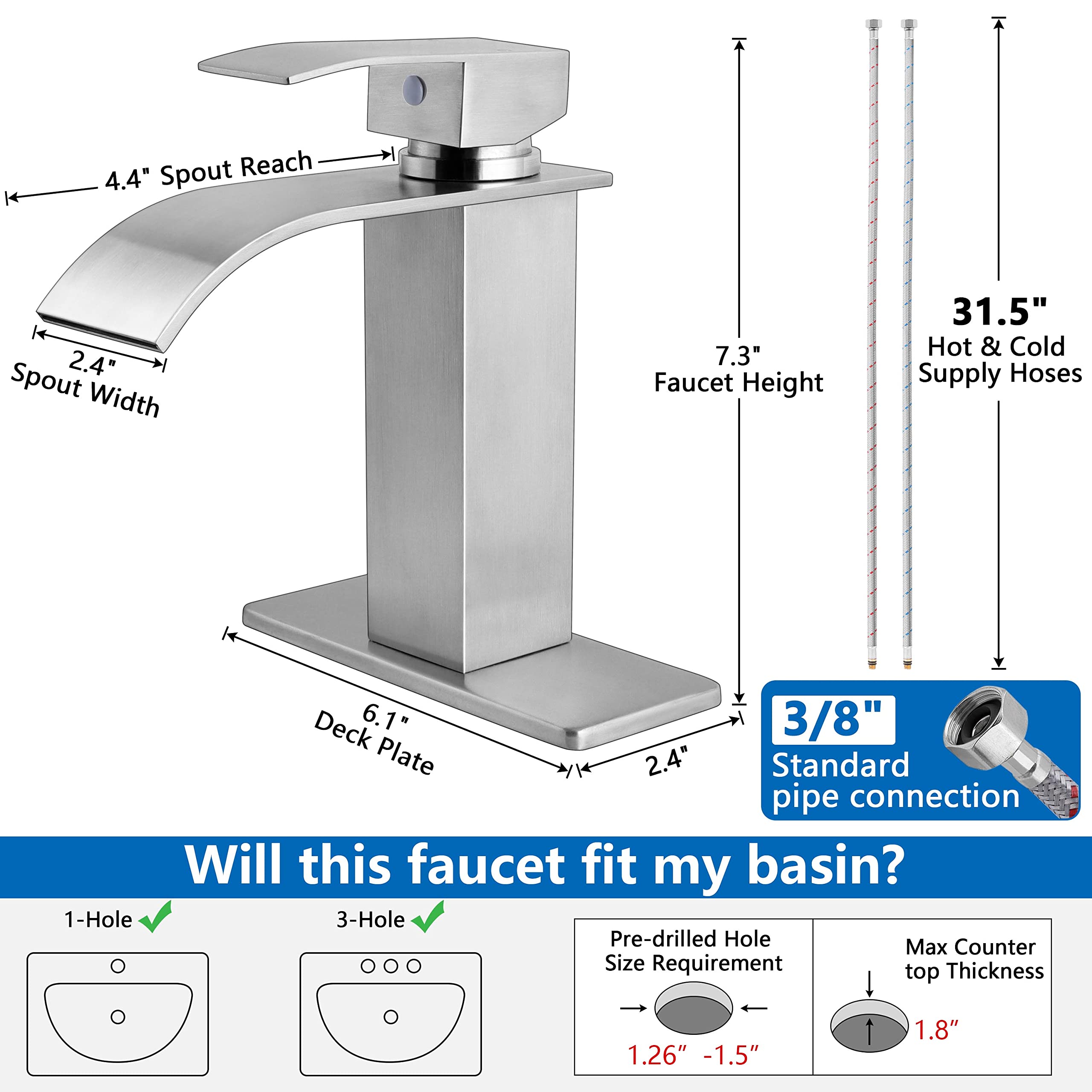 Homikit Waterfall Bathroom Sink Faucet with Pop Up Drain, Brushed Nickel Bathroom Faucets for Sink 1 or 3 Hole, 18/10 Stainless Steel Bath Vanity Faucet Single Handle, Farmhouse Faucets with Deck