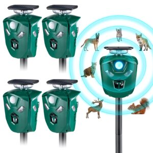 ultrasonic animal repellers outdoor waterproof solar deterrent devices green ultrasonic deer repellents with motion sensor flashing light for garden yard farm house drive coyote raccoon skunk (4 pack)