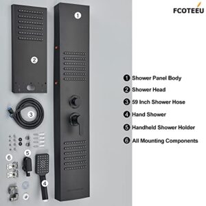 𝗙𝗖𝗢𝗧𝗘𝗘𝗨 𝗦𝗵𝗼𝘄𝗲𝗿 𝗣𝗮𝗻𝗲𝗹 𝗧𝗼𝘄𝗲𝗿 𝗦𝘆𝘀𝘁𝗲𝗺 Shower Panel with LED Full Body Shower System Rain Shower Head 3-Setting Handheld Spray Luxury Shower Tower Stainless Steel Black