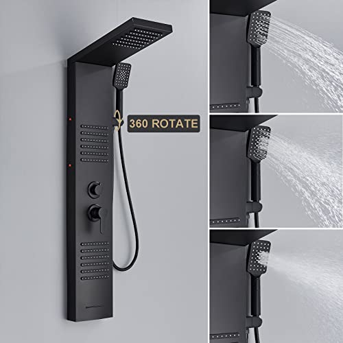 𝗙𝗖𝗢𝗧𝗘𝗘𝗨 𝗦𝗵𝗼𝘄𝗲𝗿 𝗣𝗮𝗻𝗲𝗹 𝗧𝗼𝘄𝗲𝗿 𝗦𝘆𝘀𝘁𝗲𝗺 Shower Panel with LED Full Body Shower System Rain Shower Head 3-Setting Handheld Spray Luxury Shower Tower Stainless Steel Black