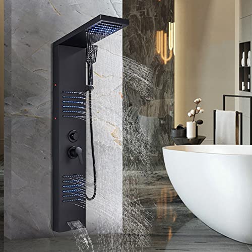 𝗙𝗖𝗢𝗧𝗘𝗘𝗨 𝗦𝗵𝗼𝘄𝗲𝗿 𝗣𝗮𝗻𝗲𝗹 𝗧𝗼𝘄𝗲𝗿 𝗦𝘆𝘀𝘁𝗲𝗺 Shower Panel with LED Full Body Shower System Rain Shower Head 3-Setting Handheld Spray Luxury Shower Tower Stainless Steel Black