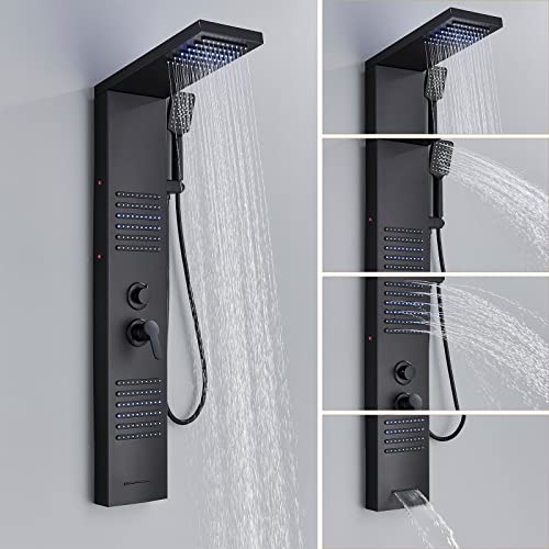 𝗙𝗖𝗢𝗧𝗘𝗘𝗨 𝗦𝗵𝗼𝘄𝗲𝗿 𝗣𝗮𝗻𝗲𝗹 𝗧𝗼𝘄𝗲𝗿 𝗦𝘆𝘀𝘁𝗲𝗺 Shower Panel with LED Full Body Shower System Rain Shower Head 3-Setting Handheld Spray Luxury Shower Tower Stainless Steel Black