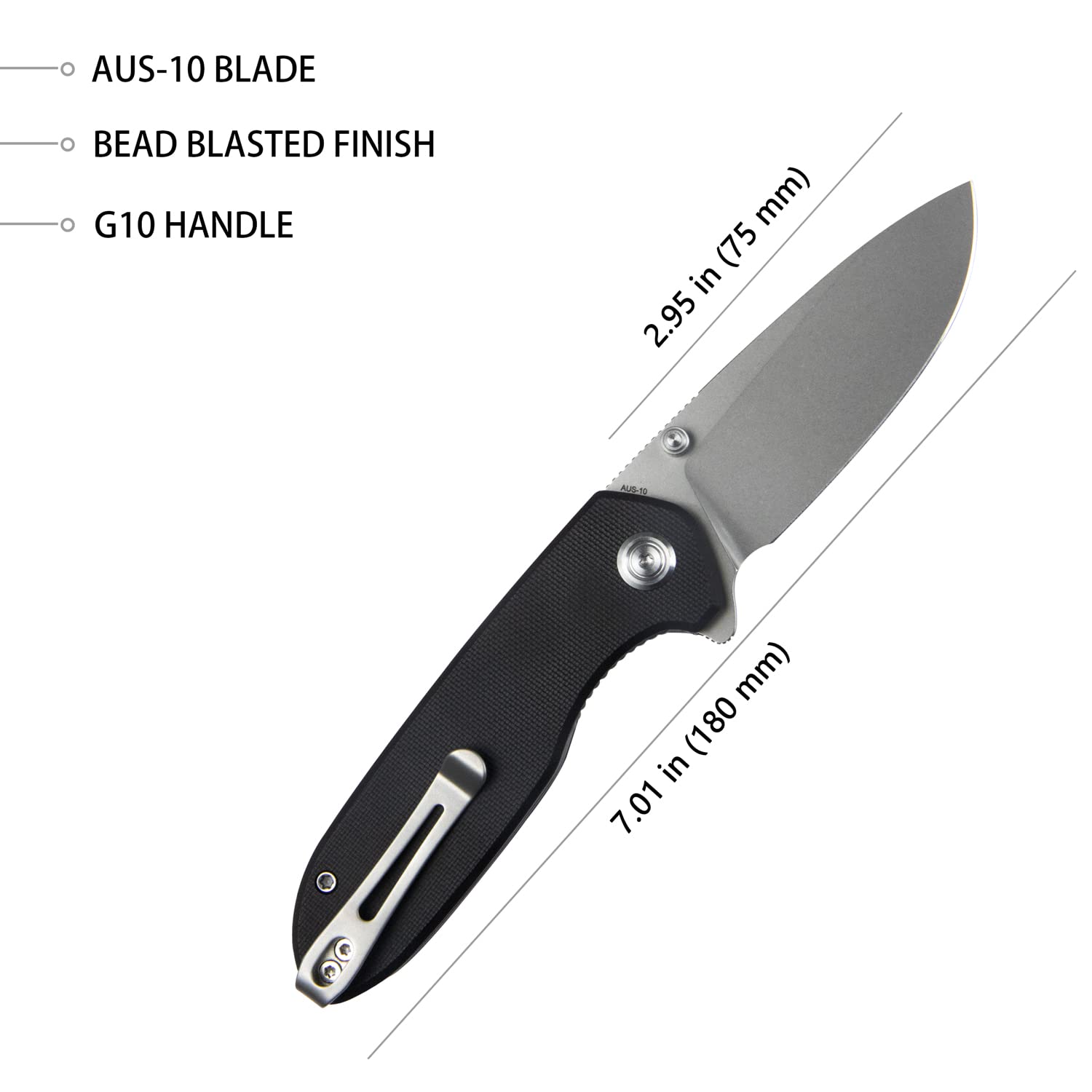 KUBEY Belus KU342A Pocket Knife, AUS-10 Blade G10 Handle Knife for Outdoor Everyday Carry, Reversible Deep Pocket Clip Work for Men and Women