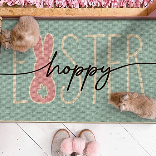 Artoid Mode Cute Bunny Rabbit Happy Easter Welcome Decorative Doormat, Seasonal Spring Low-Profile Rug Switch Mat for Indoor Outdoor 17x29 Inch