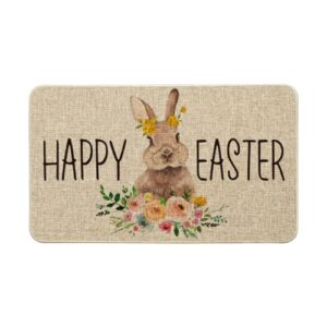 artoid mode cute rabbit flowers happy easter welcome decorative doormat, seasonal spring low-profile rug switch mat for indoor outdoor 17x29 inch