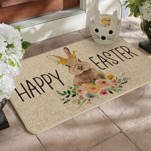 Artoid Mode Cute Rabbit Flowers Happy Easter Welcome Decorative Doormat, Seasonal Spring Low-Profile Rug Switch Mat for Indoor Outdoor 17x29 Inch