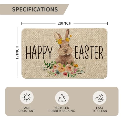 Artoid Mode Cute Rabbit Flowers Happy Easter Welcome Decorative Doormat, Seasonal Spring Low-Profile Rug Switch Mat for Indoor Outdoor 17x29 Inch