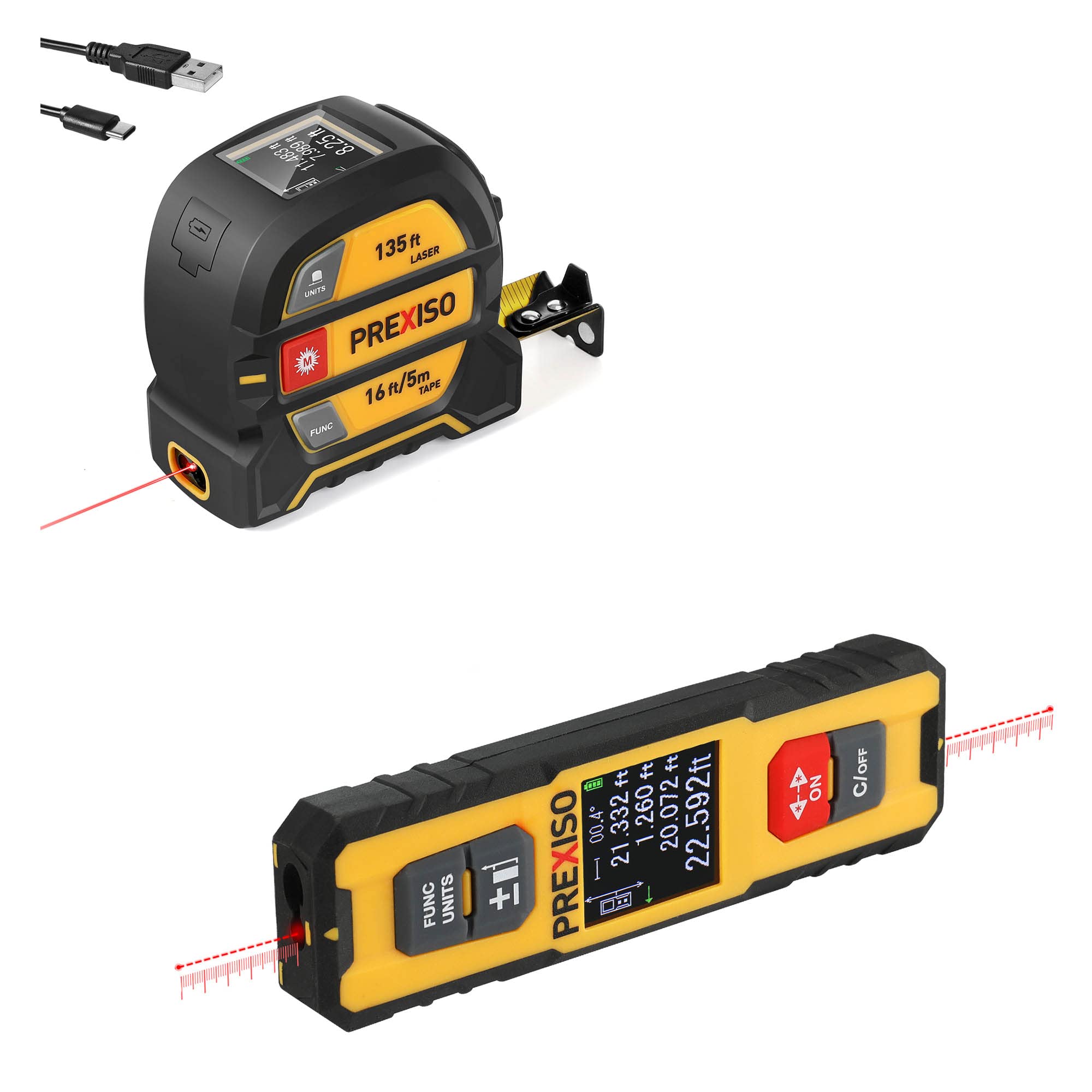 PREXISO Dual Laser Measure- 230Ft Rechargeable Laser Measurement Tool & PREXISO 2-in-1 Laser Tape Measure, 135Ft Rechargeable Laser Measurement Tool & 16Ft Measuring Tape Movable Magnetic Hook - Pyth