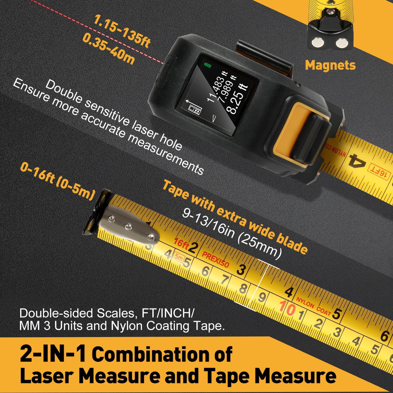 PREXISO Dual Laser Measure- 230Ft Rechargeable Laser Measurement Tool & PREXISO 2-in-1 Laser Tape Measure, 135Ft Rechargeable Laser Measurement Tool & 16Ft Measuring Tape Movable Magnetic Hook - Pyth