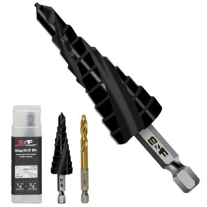 s&f stead & fast cobalt step drill bit for metal, three spiral flute, 1/4"-3/4", 1 pc, heavy duty unibit, 1/4" hex shank, hss m35 steel step bit for sheet metal, stainless steel, aluminum