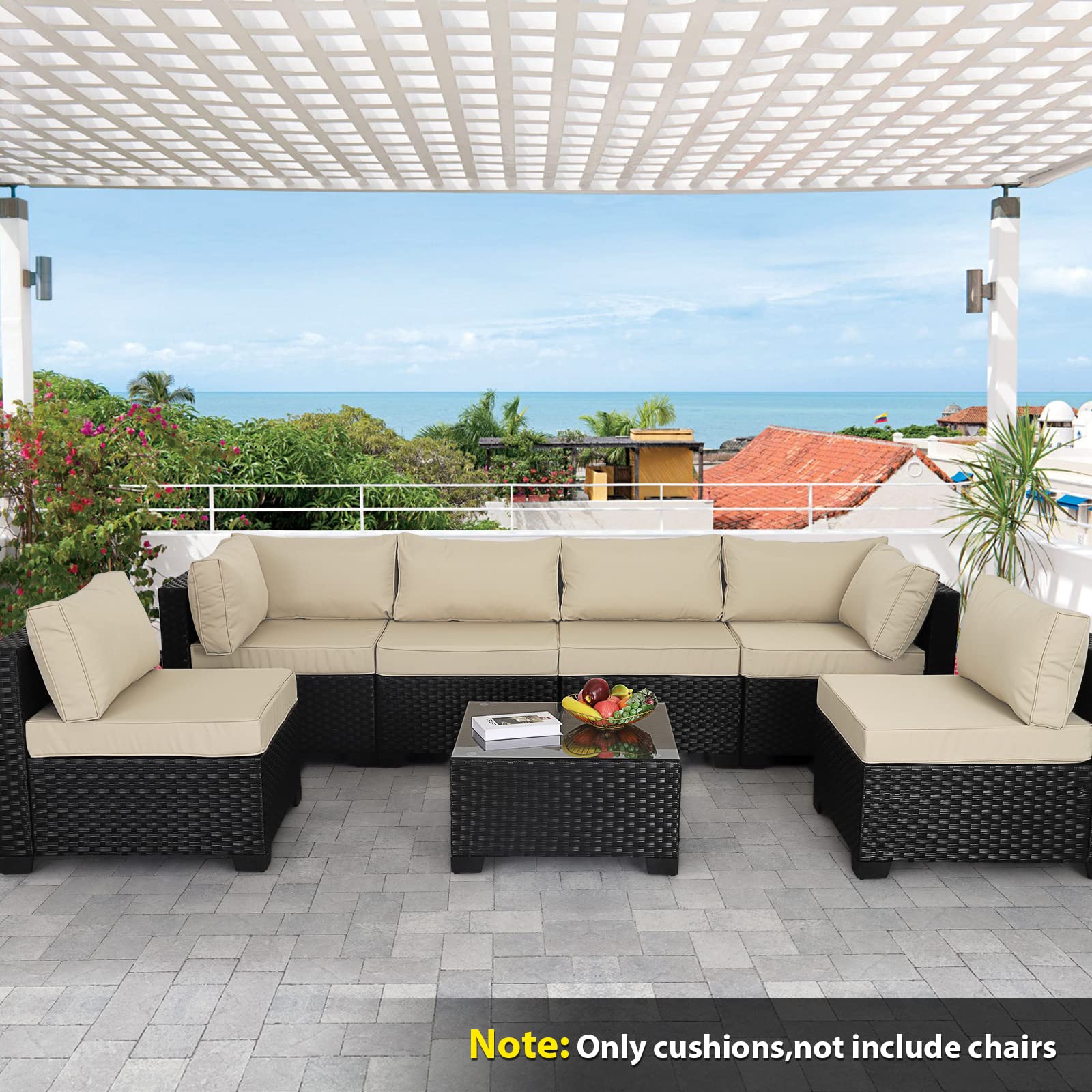 Valita Outdoor Furniture Replacement Cushions, Fits 6-seat Sectional Rattan Conversation Set, 14-Piece Patio Water-Resistant Replacement Sofa Cushions, Liner&Cover (Khaki)