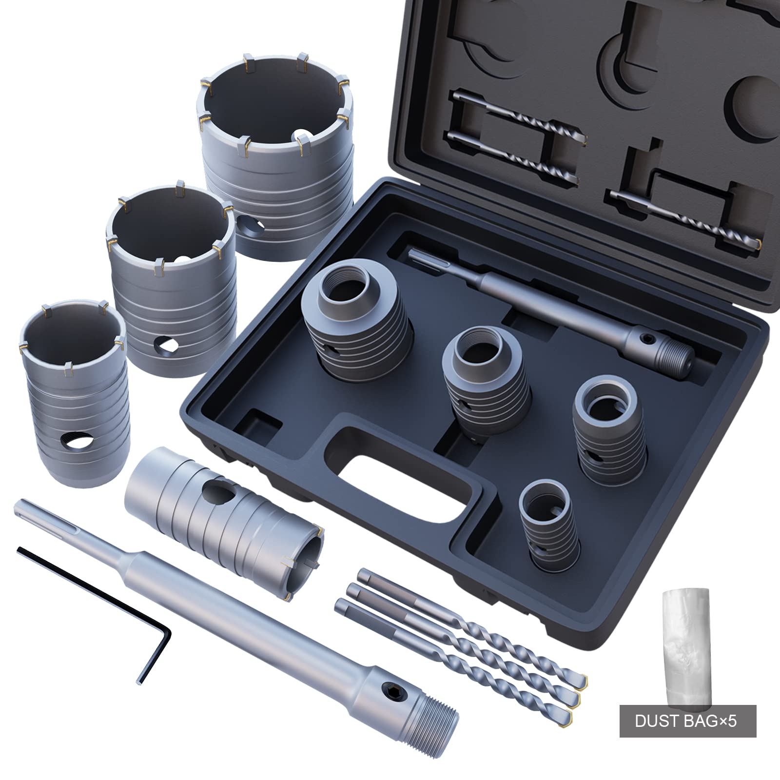 GSTK 10pcs Concrete Hole Saw Set （30mm 40mm 50mm 65mm）with SDS Plus Shank Connecting Rod and 5pcs Dust Catchers, Concrete Hole Saw Kit for Concrete|Cement|Brick Stone|Wall.