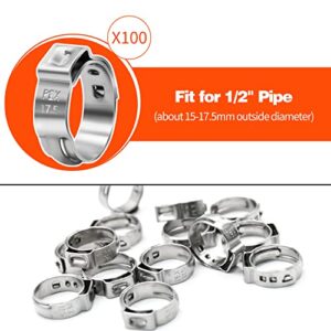 100 Pack PEX Cinch Clamps, 1/2" Clamps, Stainless Steel Single Ear Hose Clamps (1/2", 100 Pack)