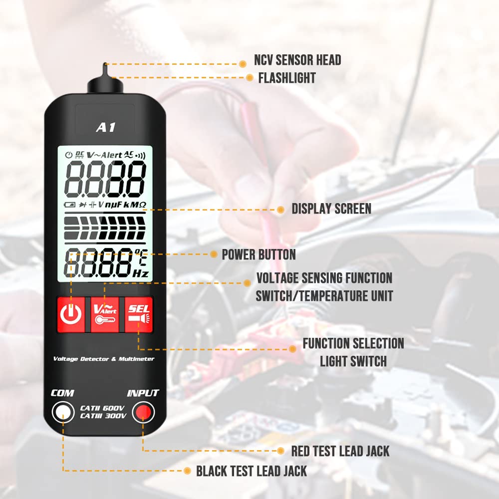 A1 Fully Automatic Anti-Burn Intelligent Digital Multimeter, Auto Senses The Zero and Fire Wires Tester Non-Contact Voltage Tester, Accurately Measures Voltage, Current, Conductor On/Off, Resistance