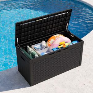 Patiowell 230 Gallon Deck Box, Waterproof Resin Large Outdoor Deck Storage Box for Patio Furniture, Pool Accessories, Toys, Garden Tools and Sports Equipment, Lockable, Gray