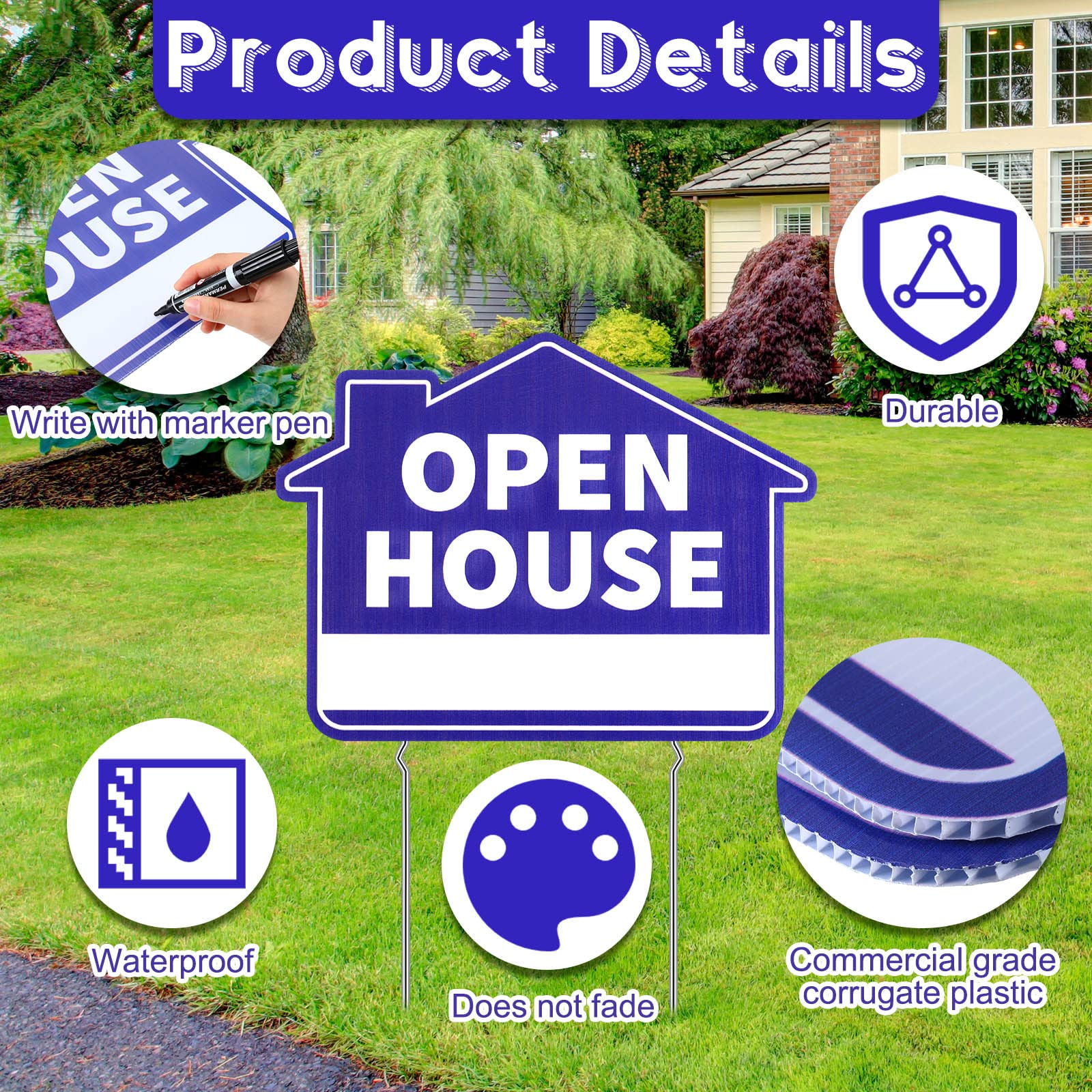 5 Pcs Open House Signs for Real Estate with Stakes 12 x 16 Inches Large Open House Sign Double Sided Estate Sale Signs with Directional Arrows Real Estate Agent Supplies (Blue)