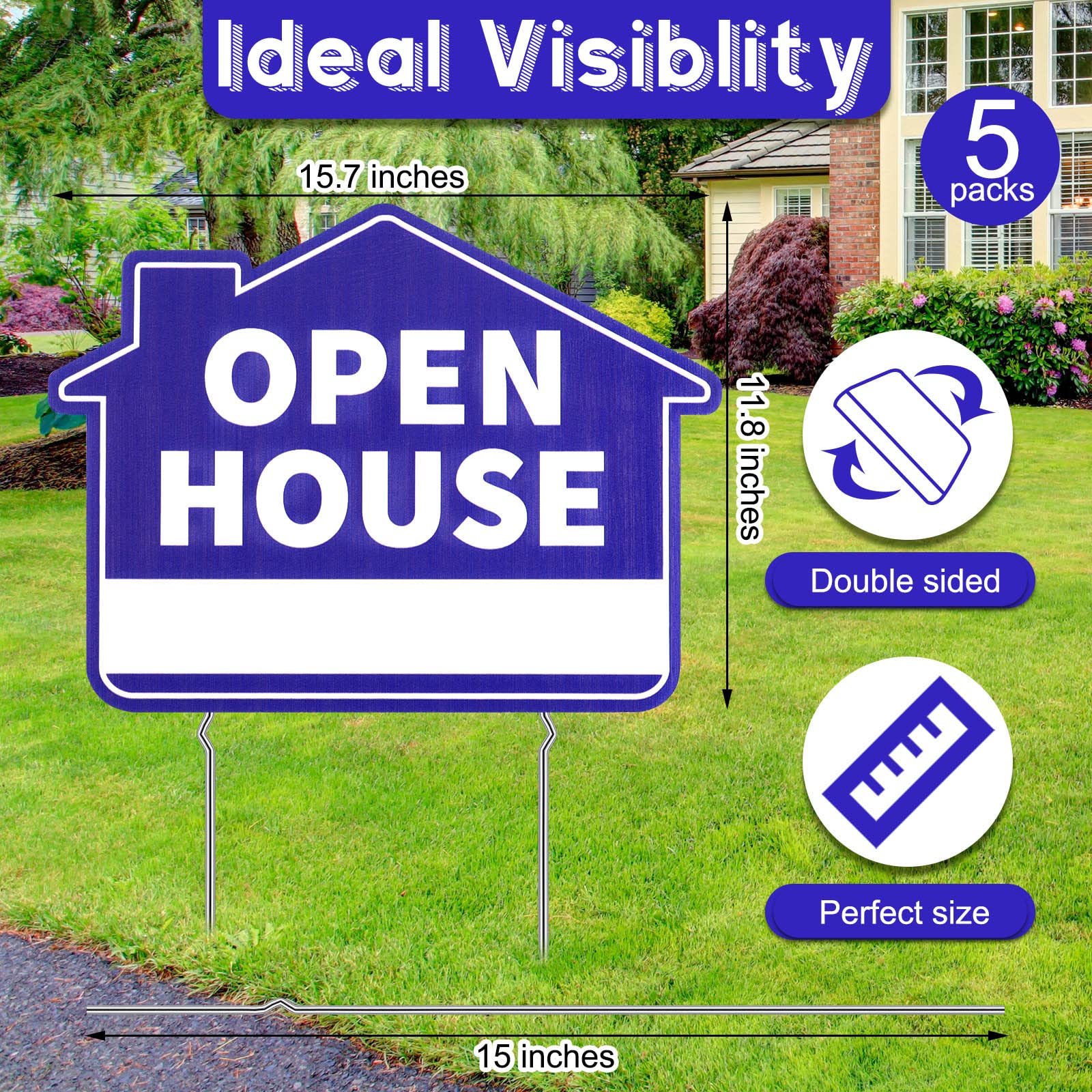 5 Pcs Open House Signs for Real Estate with Stakes 12 x 16 Inches Large Open House Sign Double Sided Estate Sale Signs with Directional Arrows Real Estate Agent Supplies (Blue)