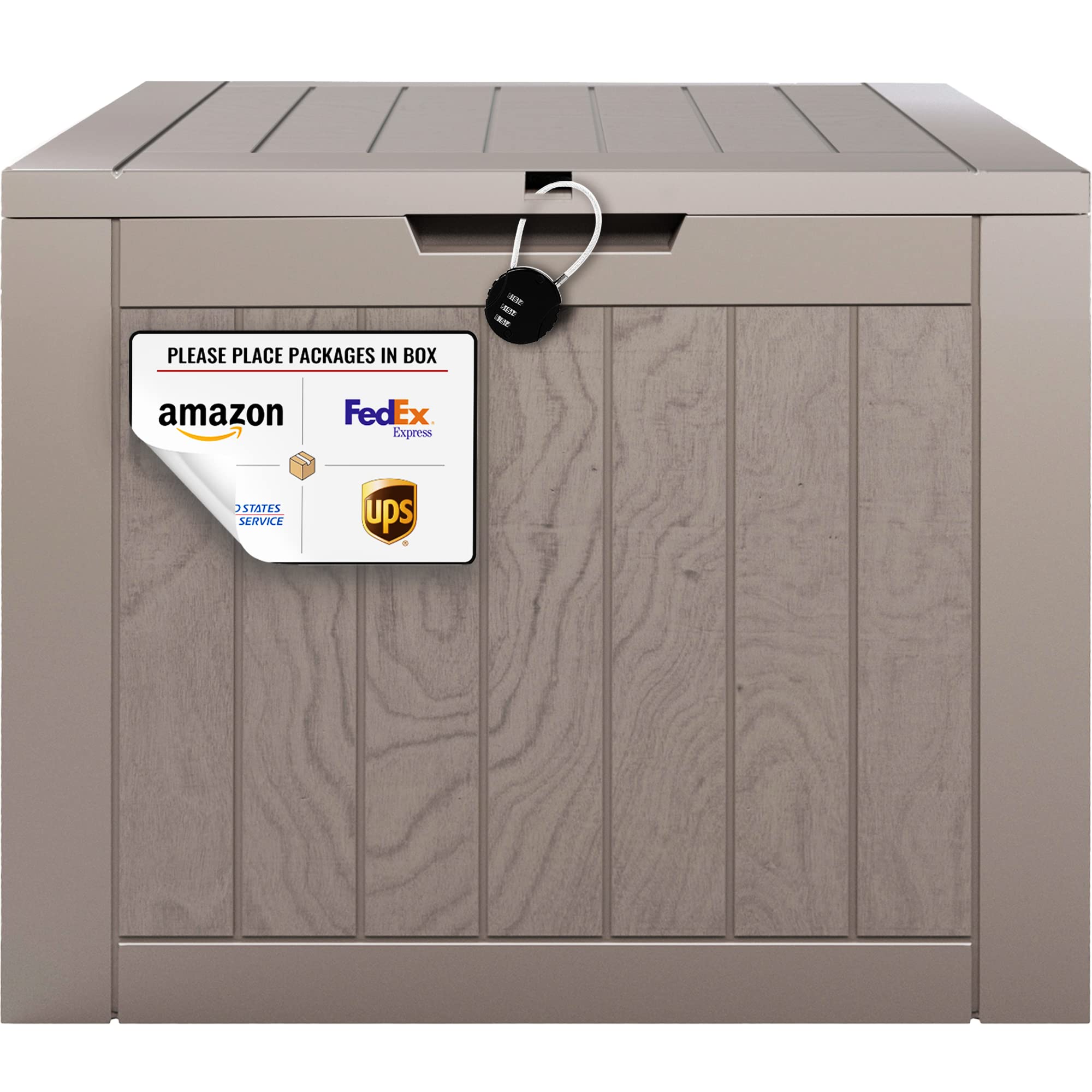 QFAR 31 Gal Deck Box Outdoor Storage Box Waterproof,Package Delivery Boxes, Patio, Porch, Outside/ Indoor Resin Bin,Padlock & Deliveries Sign Included