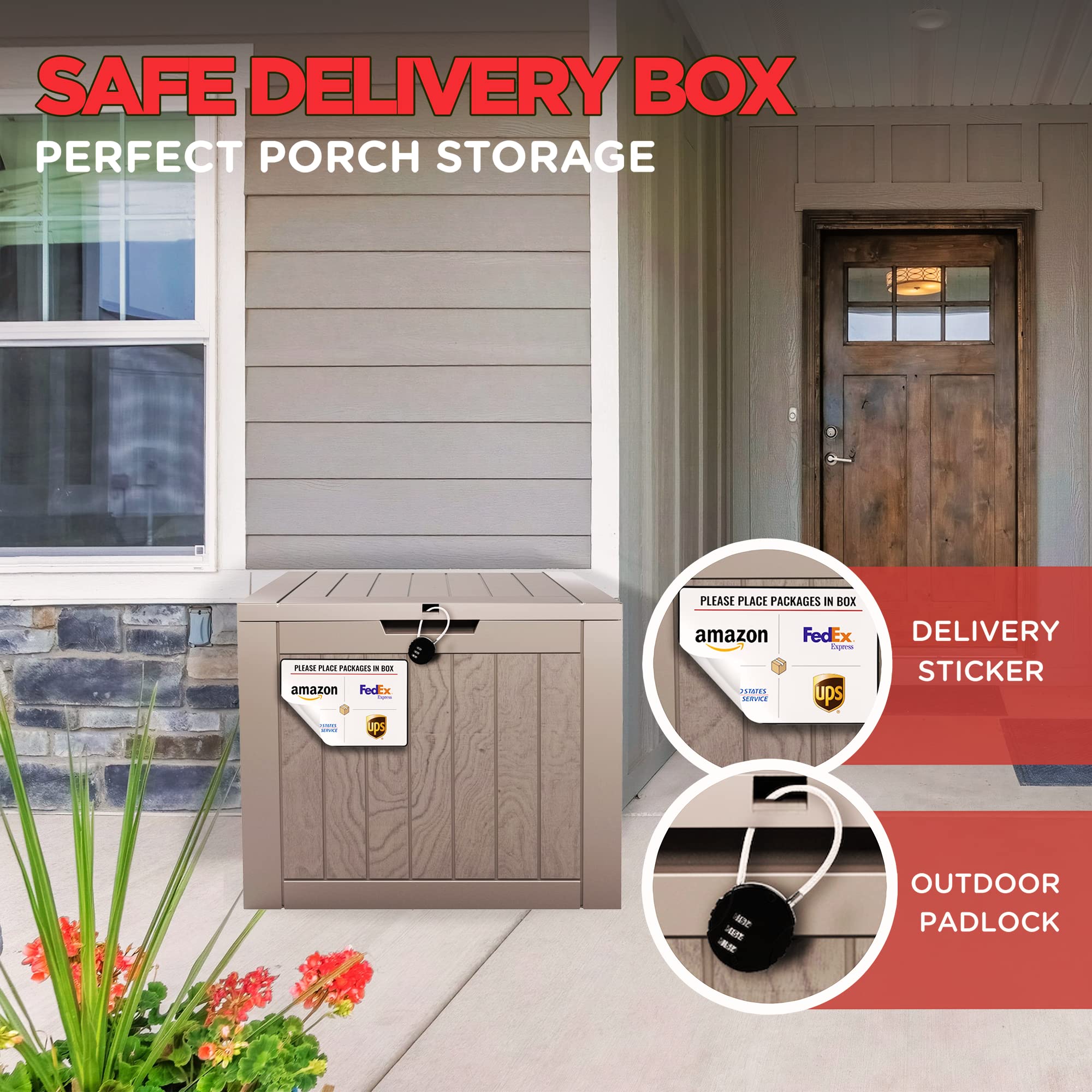 QFAR 31 Gal Deck Box Outdoor Storage Box Waterproof,Package Delivery Boxes, Patio, Porch, Outside/ Indoor Resin Bin,Padlock & Deliveries Sign Included