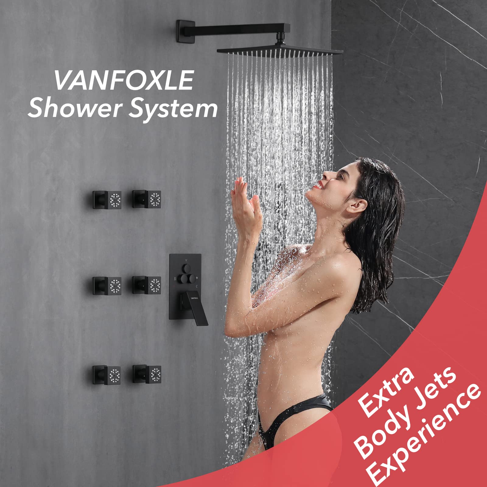 VANFOXLE Shower Faucet Set Matte Black Shower System,Push Button Diverter Shower Faucet with 2 in 1 Handheld,Wall Mount 10 Inch Shower Head with 6 PCS Dual Modes Body Jets(2 Inch)