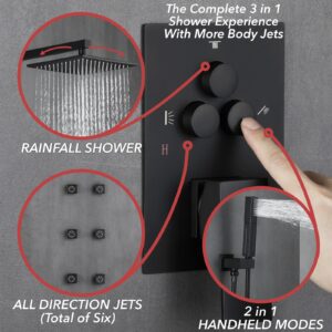 VANFOXLE Shower Faucet Set Matte Black Shower System,Push Button Diverter Shower Faucet with 2 in 1 Handheld,Wall Mount 10 Inch Shower Head with 6 PCS Dual Modes Body Jets(2 Inch)