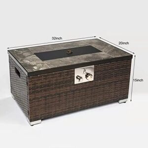 Catalina Creations Outdoor Fire Table Propane Fire Pit Rattan Gas Fire Table 32'', 40,000 BTU Gas Fire Tables with Tile Tabletop, Rectangle Gas Firepit Table for Garden Patio