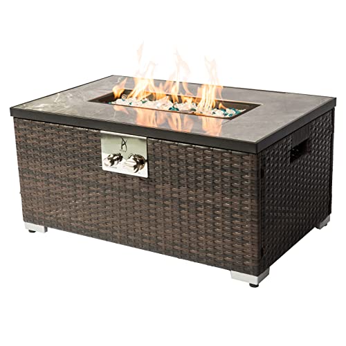 Catalina Creations Outdoor Fire Table Propane Fire Pit Rattan Gas Fire Table 32'', 40,000 BTU Gas Fire Tables with Tile Tabletop, Rectangle Gas Firepit Table for Garden Patio