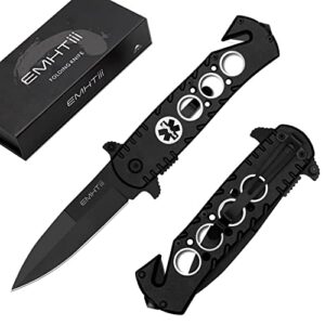 emhtiii pocket folding knife for men - women multitool camping edc knives with clip, liner lock, glass breaker, seatbelt paracord cutter, black blade