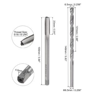 uxcell Tap & Bit Sets, 5/16-18 UNC H2 Straight Flute Machine Thread Milling Tap Extra Long, 6.5mm High Speed Steel (HSS) Twist Drill Bit