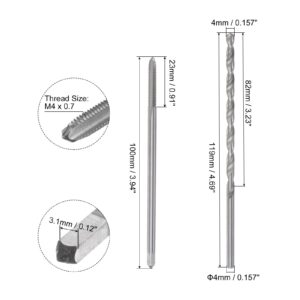 uxcell Tap & Bit Sets, M4 x 0.7 H2 Straight Flute Machine Thread Milling Tap 100mm Extra Long, 4mm High Speed Steel (HSS) Twist Drill Bit